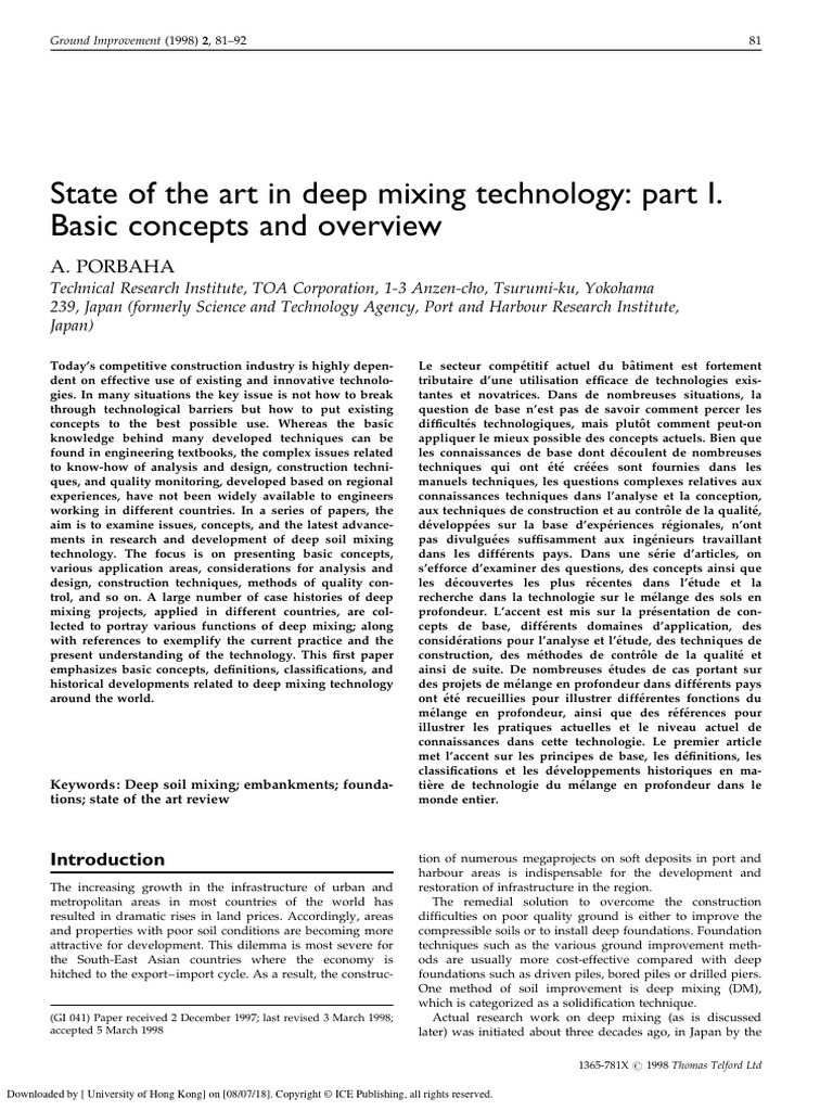 A. Porbaha - State of The Art in Deep Mixing Technology Part I. Basic Concepts and Overview | PDF