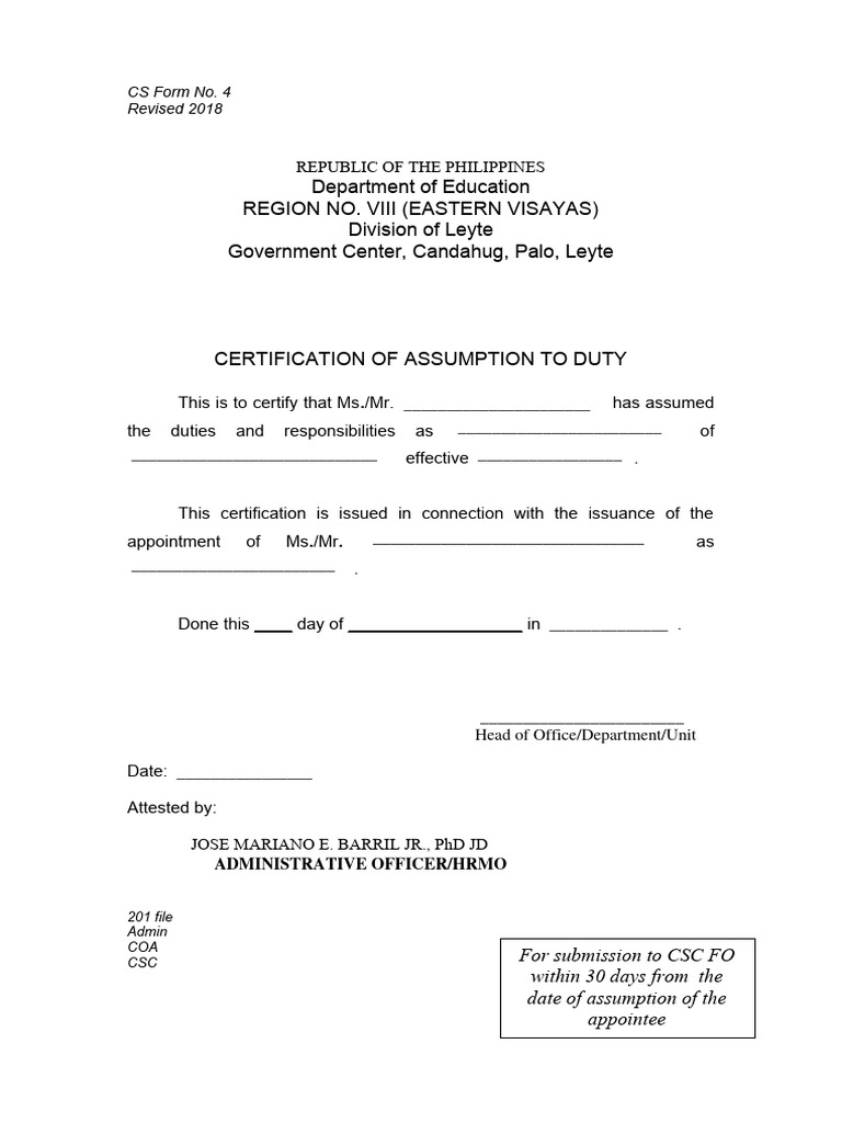 CS Form No. 4 Certification of Assumption To Duty | PDF