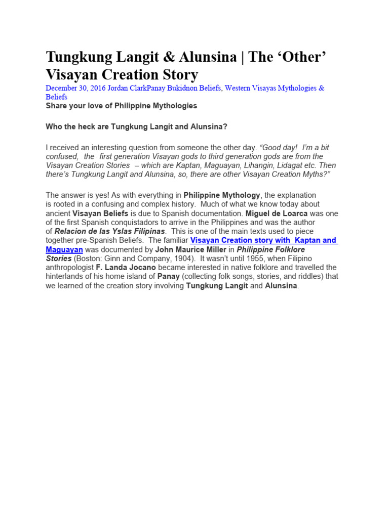 Tungkung Langit & Alunsina - The Other' Visayan Creation Story | PDF