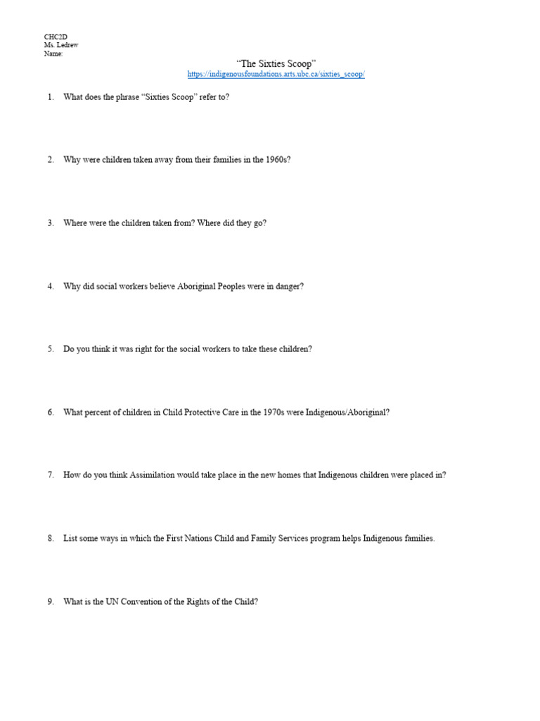 "The Sixties Scoop" Worksheet | PDF