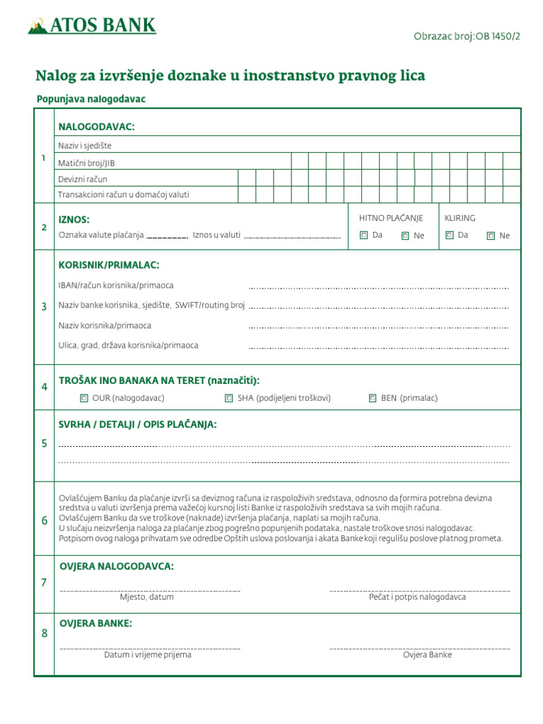 Nalog Za Izvršenje Doznake U Inostranstvo Pravnog Lica: Popunjava Nalogodavac | PDF