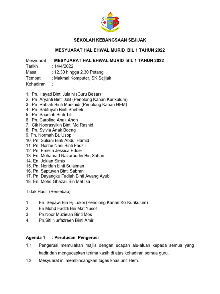 Minit Mesyuarat Hem Bil 1 2022 | PDF