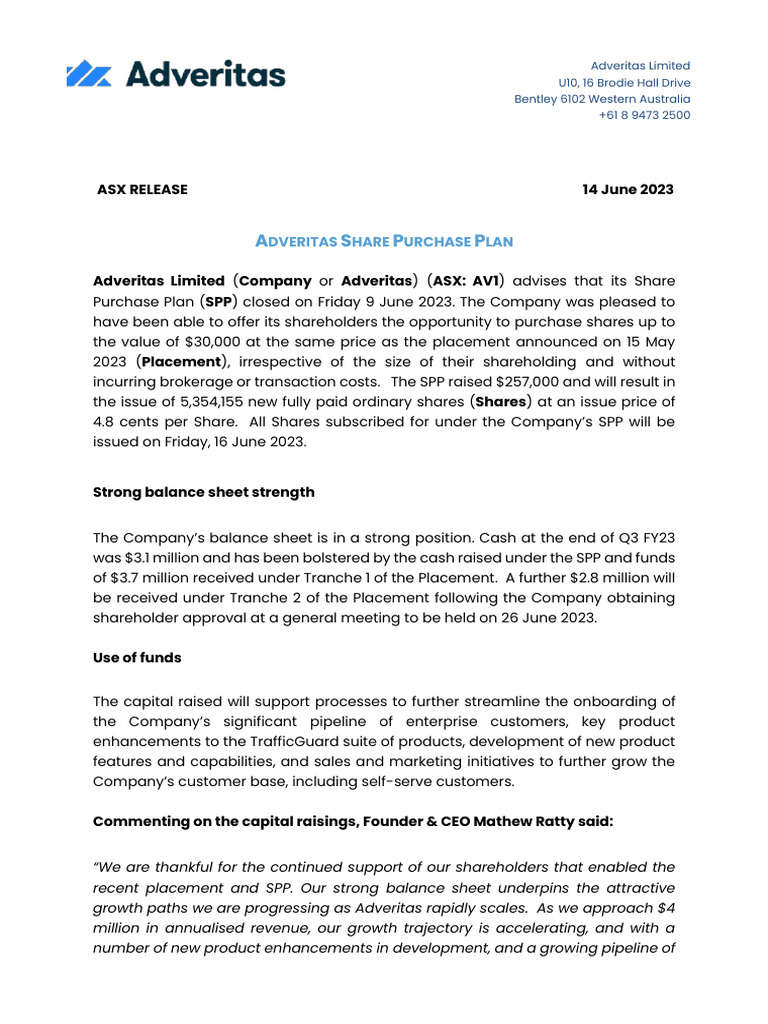 Adveritas Share Purchase Plan 2023-07-14 | PDF | Advertising | Private ...