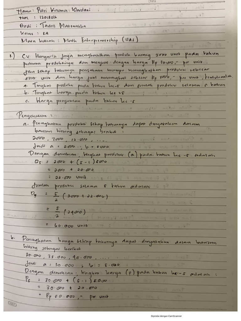 Putri Kusuma Wardani_12018016_UAS Math Enterprenuership | PDF