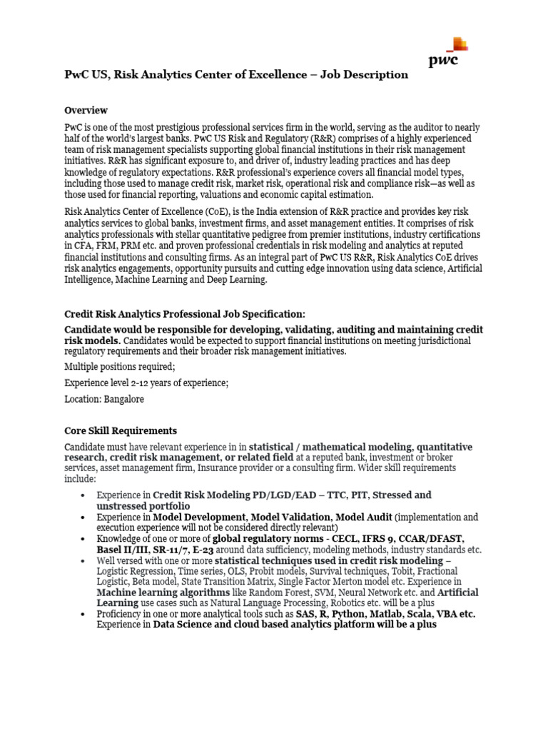 PwC Risk Analytics CoE Job Description | PDF | Finance & Money Management