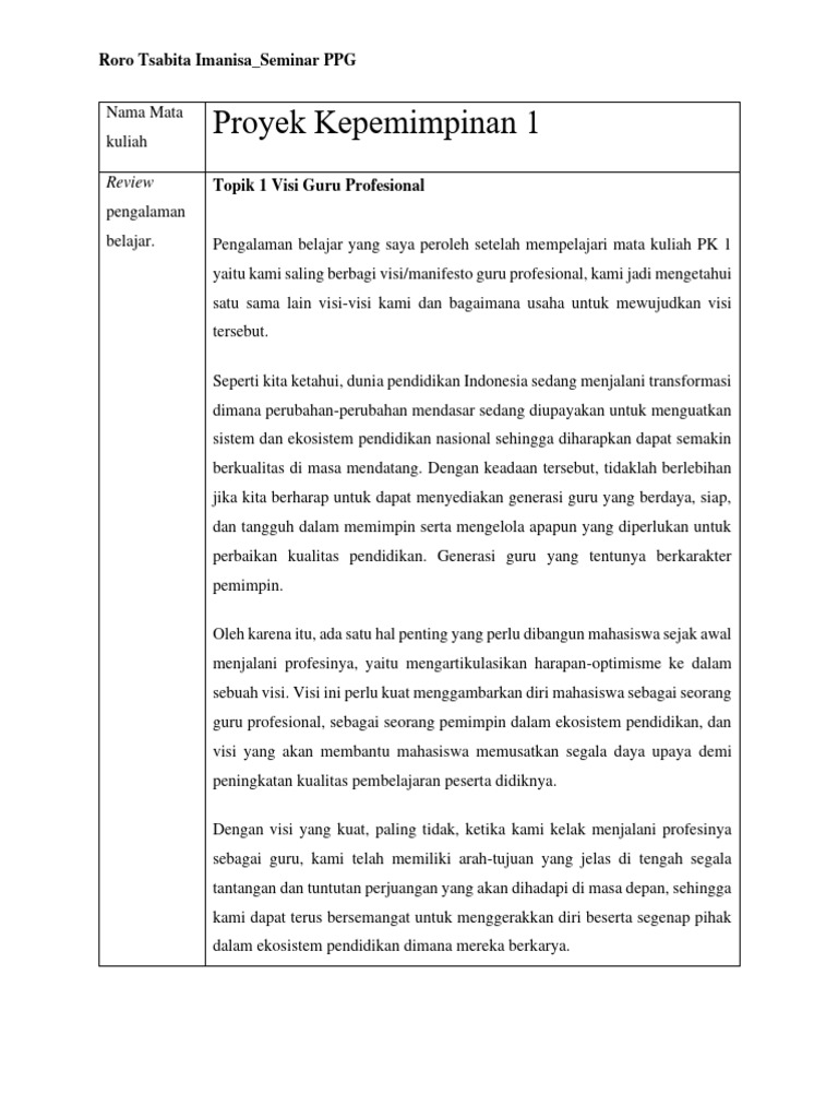 Tugas 4 Seminar Proyek Kepemimpinan 1 - Roro Tsabita | PDF | Karier & Perkembangan