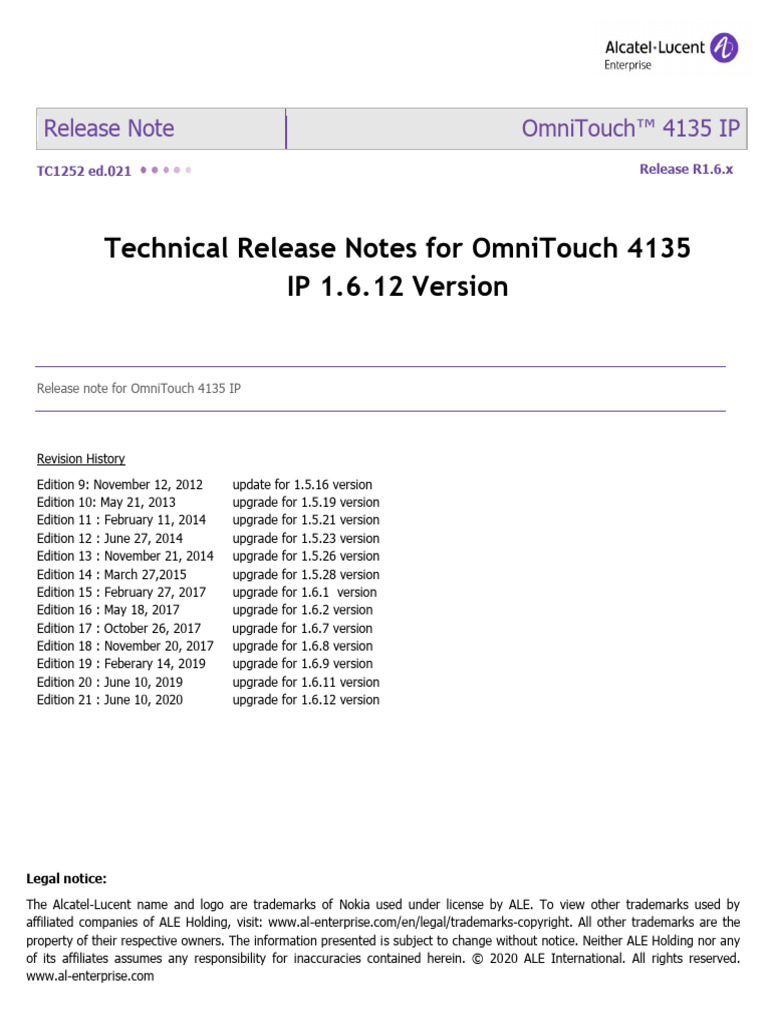 TC1252en-Ed21 Release Note For OmniTouch 4135 IP Version 1.6.12 | PDF
