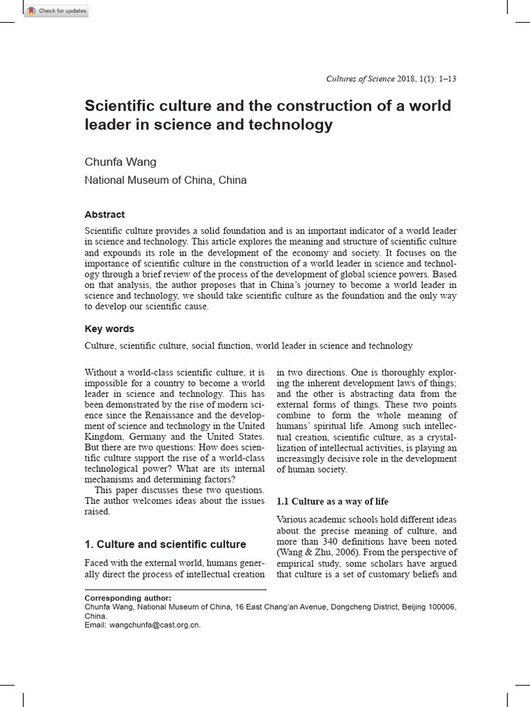 Wang 2018 Scientific Culture and The Construction of A World Leader in ...