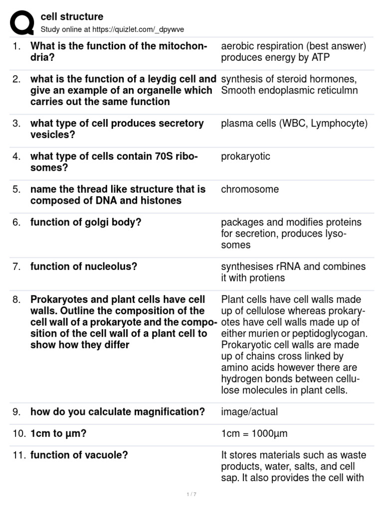 Cell Structure Past paper Flashcards | PDF