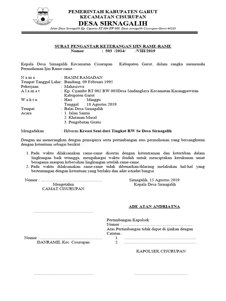 SURAT KETERANAN IJIN RAME-RAME | PDF