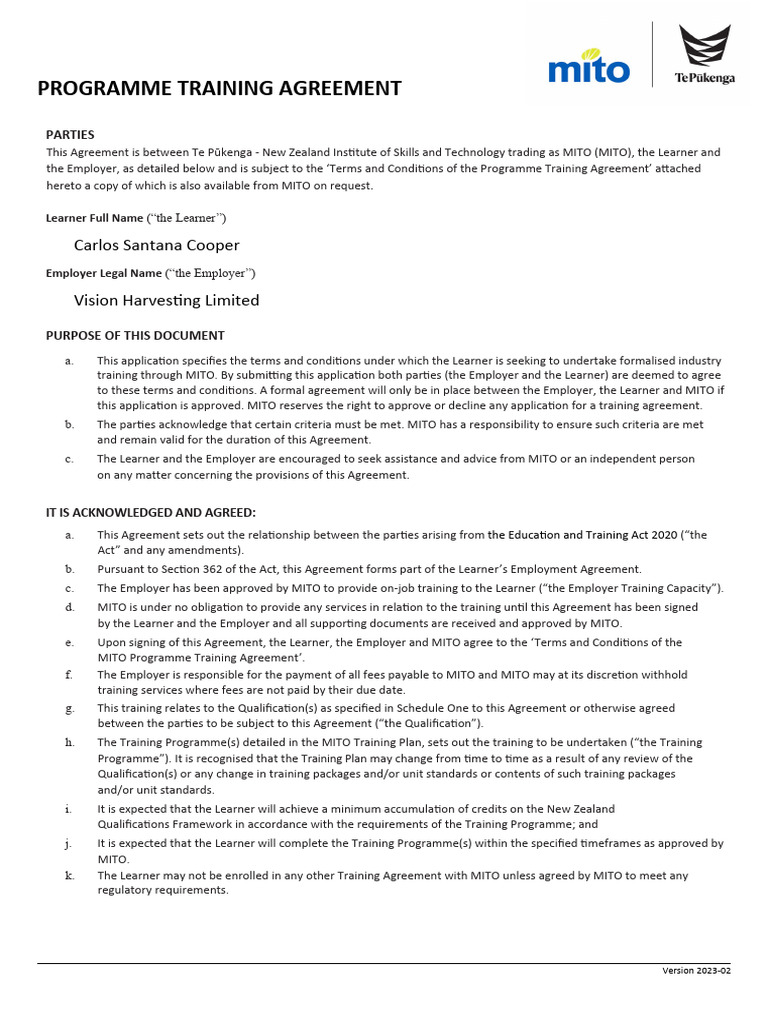 MITO Programme Training Agreement - 2023-02 | PDF