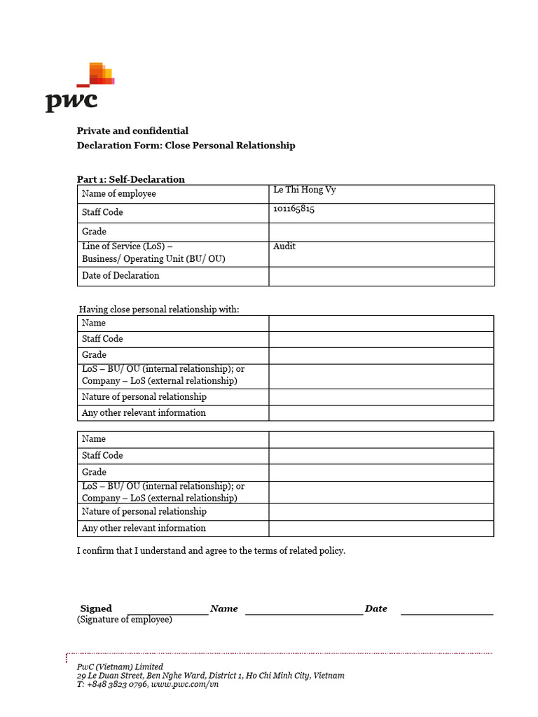 Self Declaration Form - Close Personal Relationship | PDF