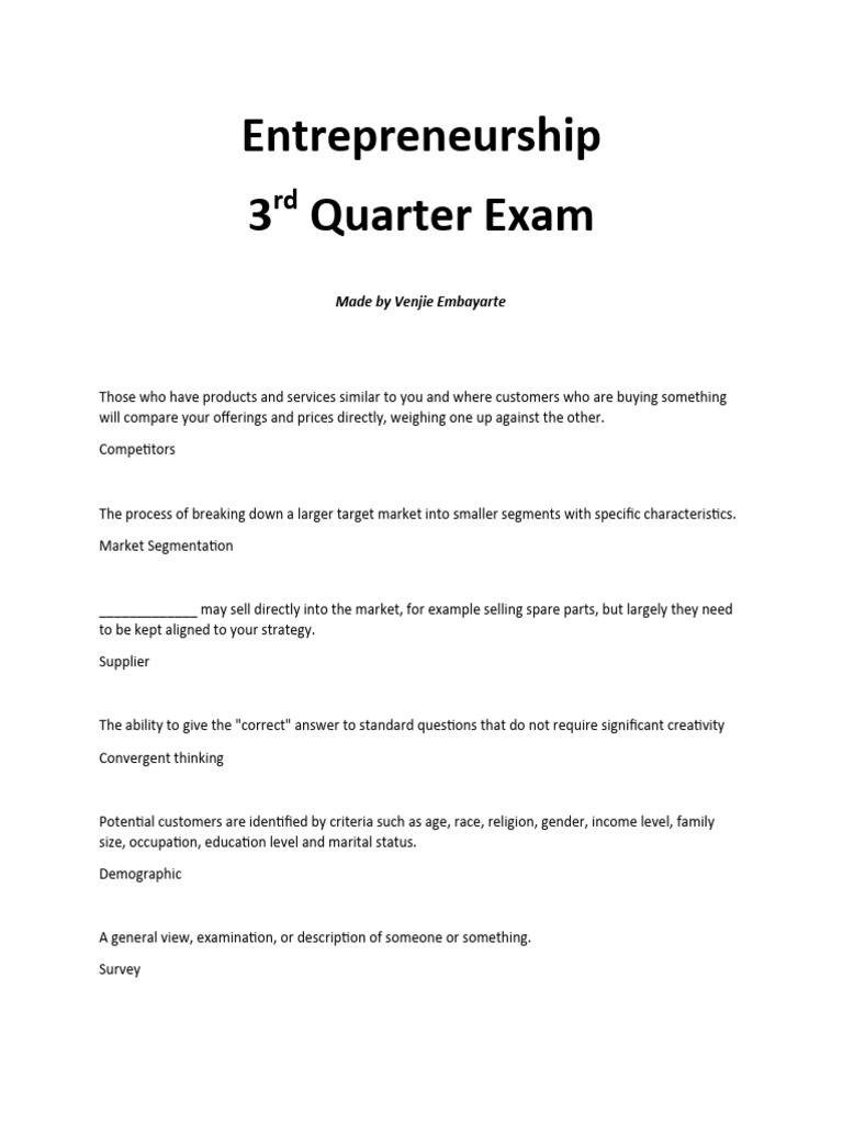 Entrepreneurship Exam | PDF