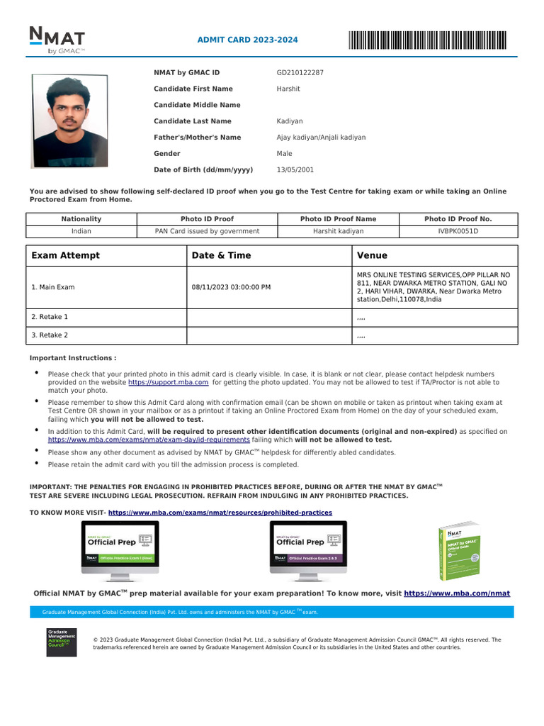 Nmat Admit Card 2023 | PDF