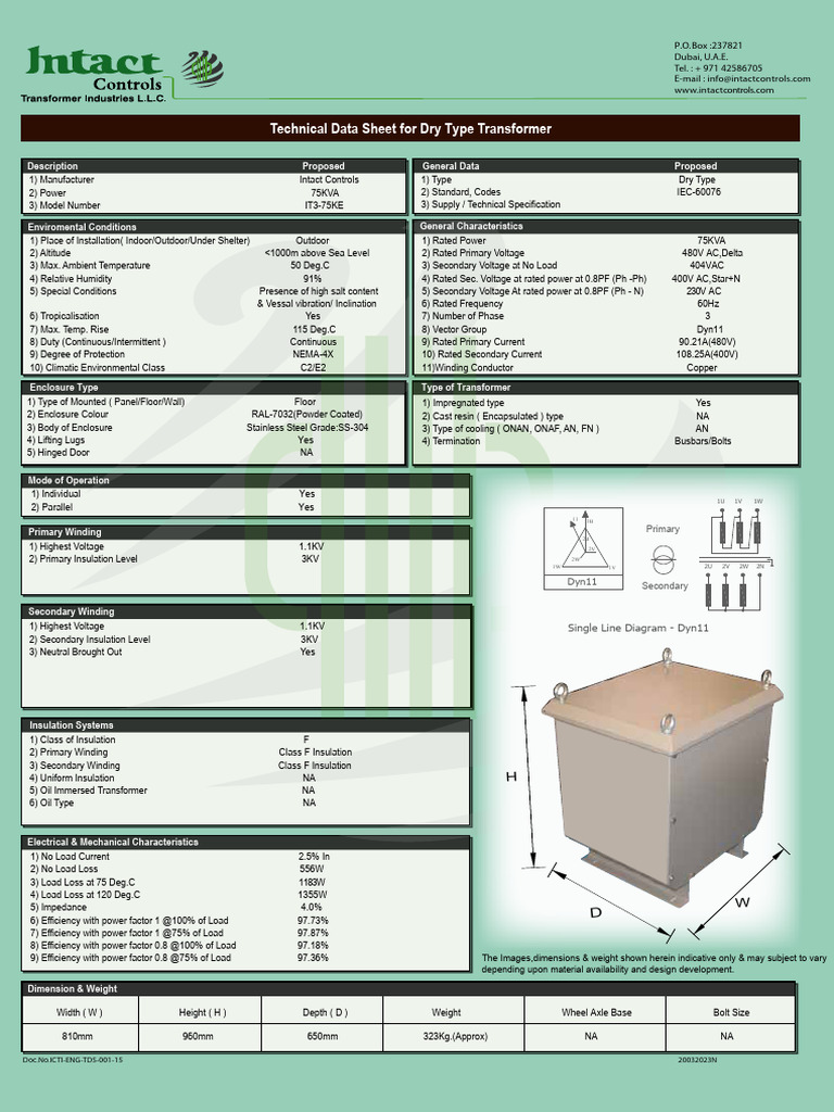 TDS-75KVA-3Ph-480V-400V-60Hz-NEMA-4X-Dyn11-Dry Type Transformer | PDF