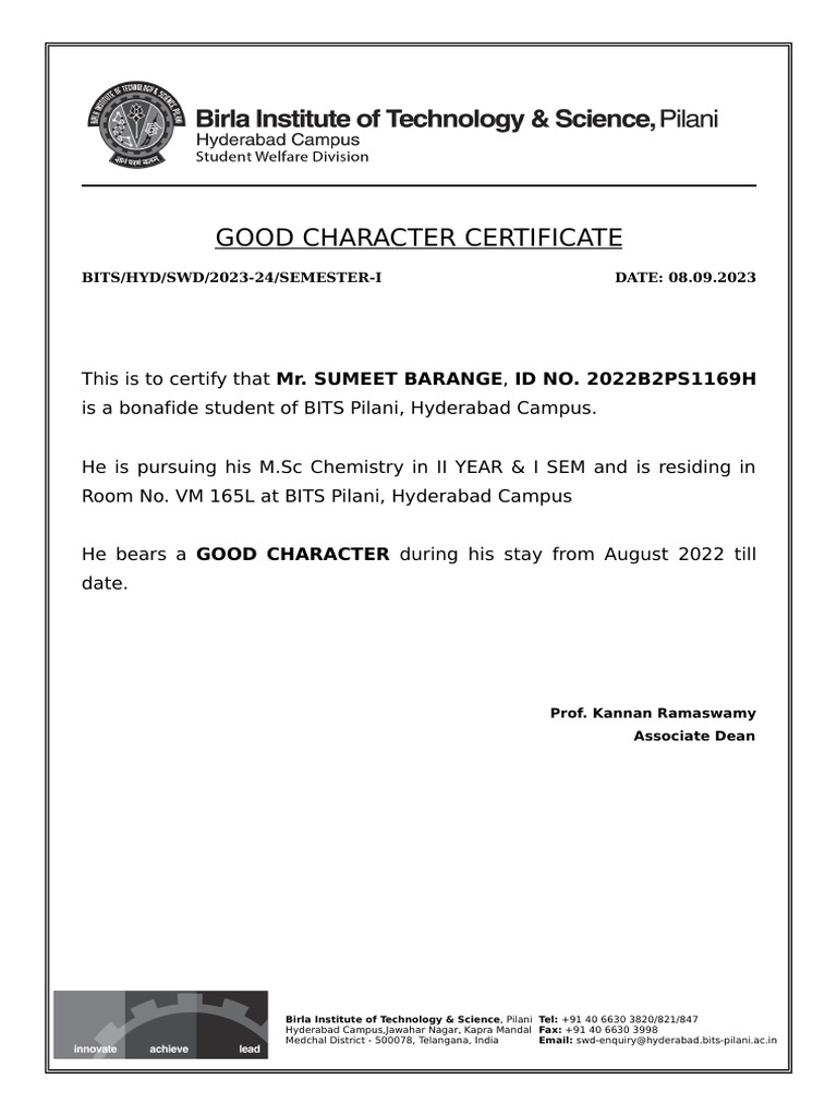 Good Character Certificate: BITS/HYD/SWD/2023-24/SEMESTER-I DATE: 08.09 ...