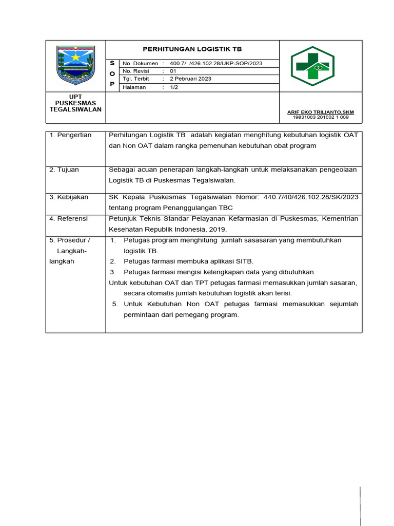 Sop Perhitungan Logistik TB | PDF