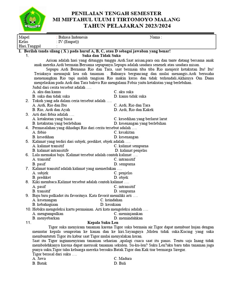 Soal STS B.Indonesia Kls 4 | PDF