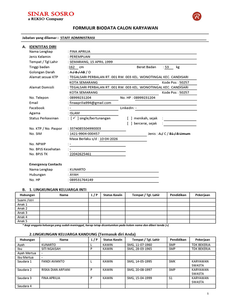 Form Biodata Calon Karyawan | PDF