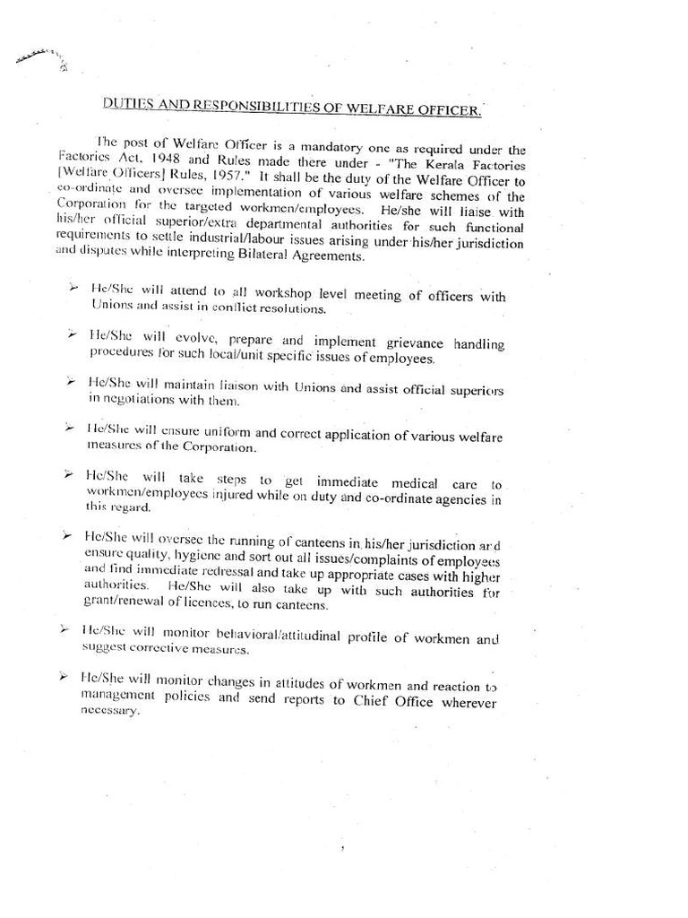 Duties of Welfare Officer | PDF