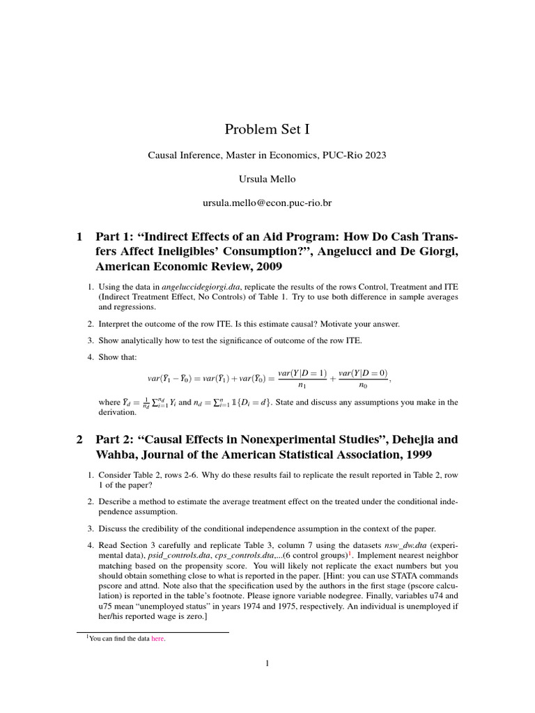 Problem Set I: Causal Inference, Master in Economics, PUC-Rio 2023 Ursula Mello Ursula - Mello ...