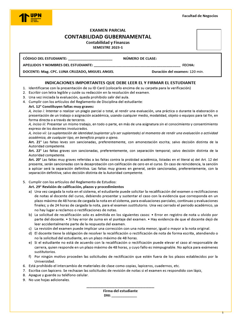 Examen Parcial Contabilidad Gubernamental (10.may.2023) | PDF