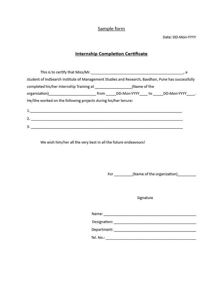 Internship Completion Certificate - Sample | PDF