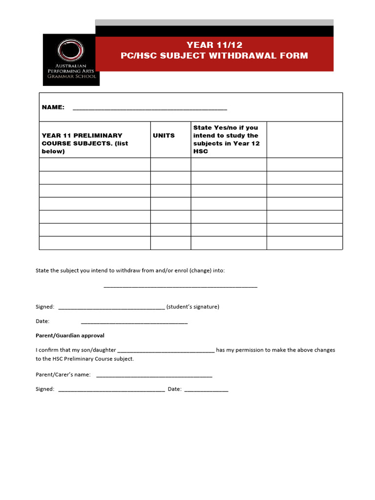 2022 2023 Y11 Subject Withdrawal Form | PDF