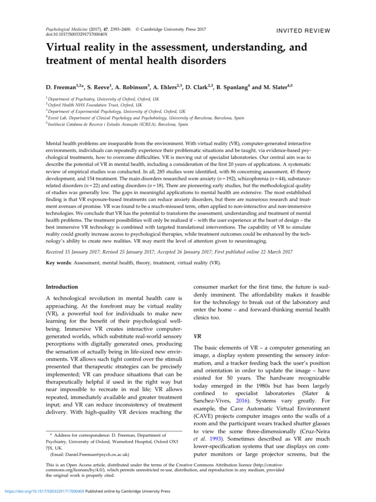 Virtual Reality in The Assessment Understanding and Treatment of Mental ...