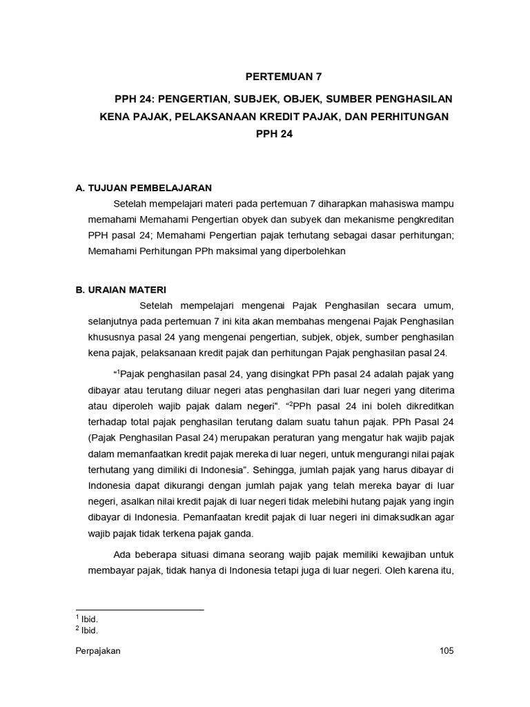 Pertemuan Ke-7 - PPH 24 Pengertian, Subjek, Objek, Sumber Penghasilan Kena Pajak, Pelaksanaan ...