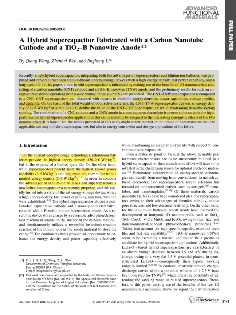 A Hybrid Supercapacitor Fabricated With A Carbon Nanotube | PDF