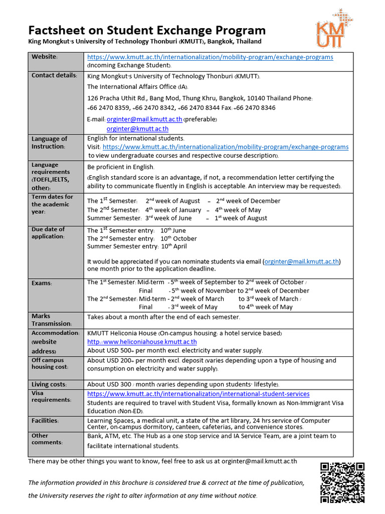 KMUTT Factsheet On Student Exchange Program - 1 2022 | PDF | Science & Mathematics