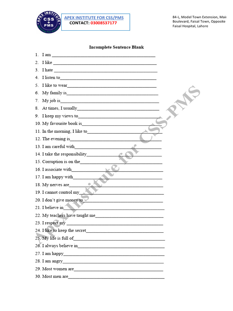 Incomplete Sentence Blank | PDF