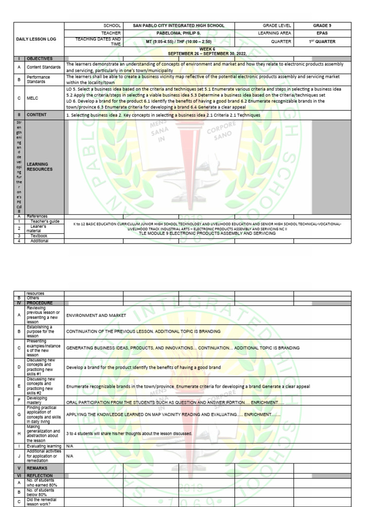 Epas Week6 DLL | PDF | Learning | Teachers