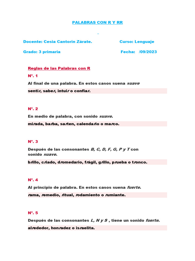 Palabras Con R y RR | PDF