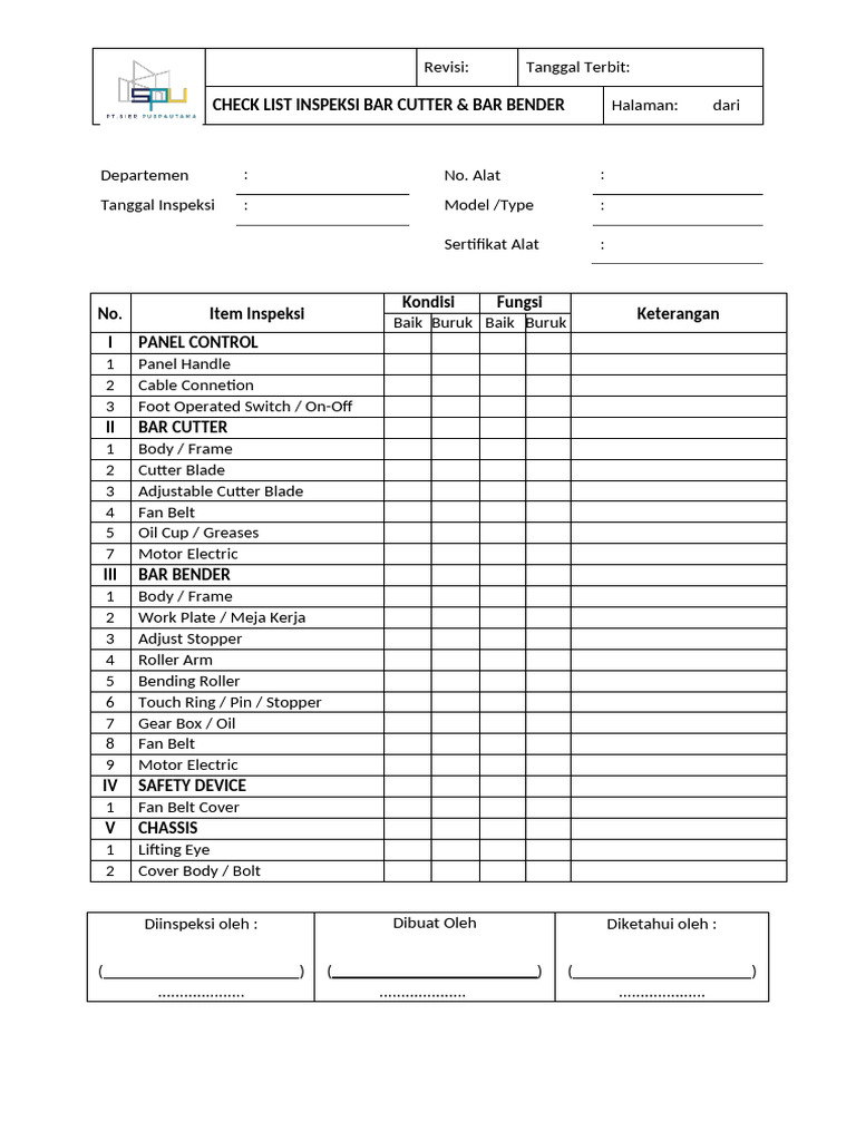 Form Check List Inspeksi Bar Cutter Bar Bender | PDF
