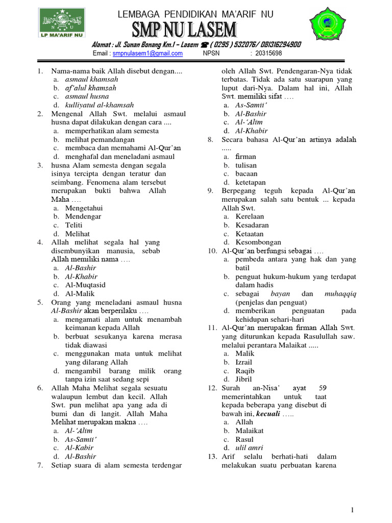 Soal Kelas 7 PAI | PDF