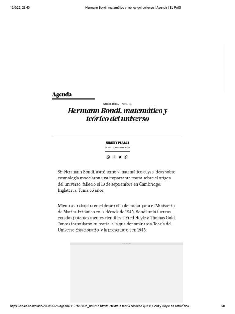 Hermann Bondi, Matemático y Teórico Del Universo - Agenda - EL PAÍS | PDF