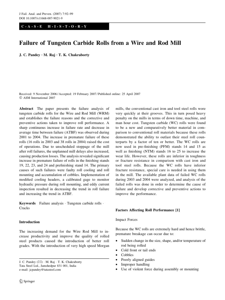 Study of Failure of Tungsten Carbide Rolls in Rolling Mill | PDF
