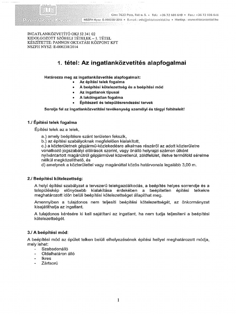 Ingatlanközvetítő Tananyag | PDF