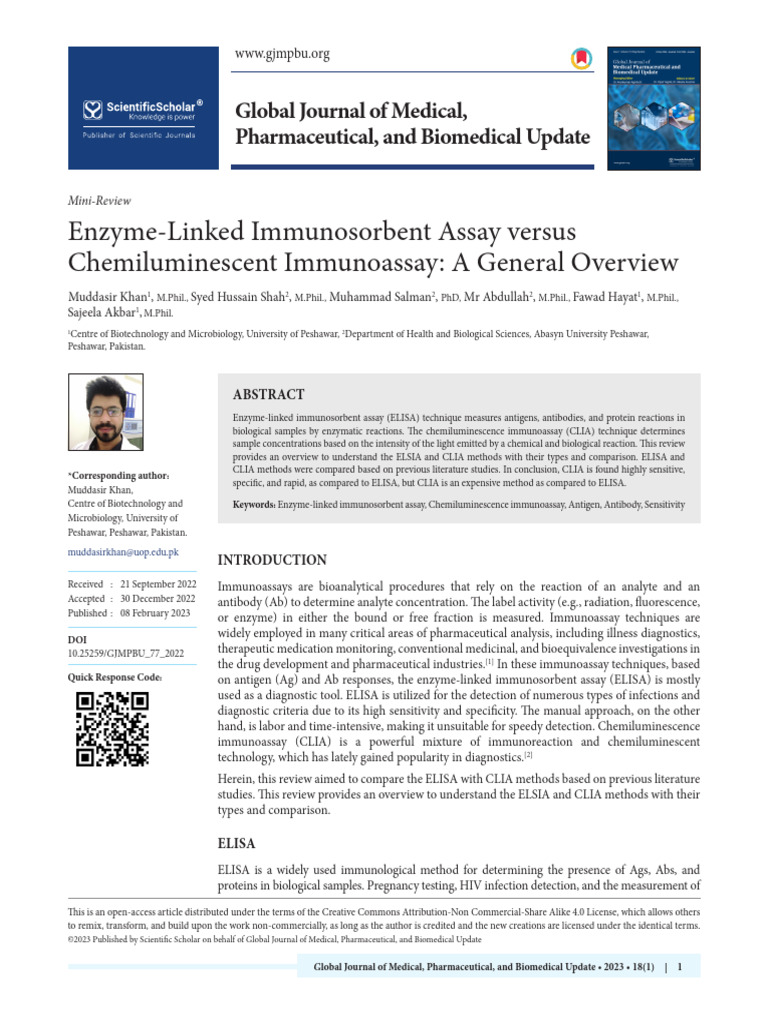 Enzyme Linked Immunosorbent Assay Versus Chemiluminescent Immunoassay A General Overview Pdf