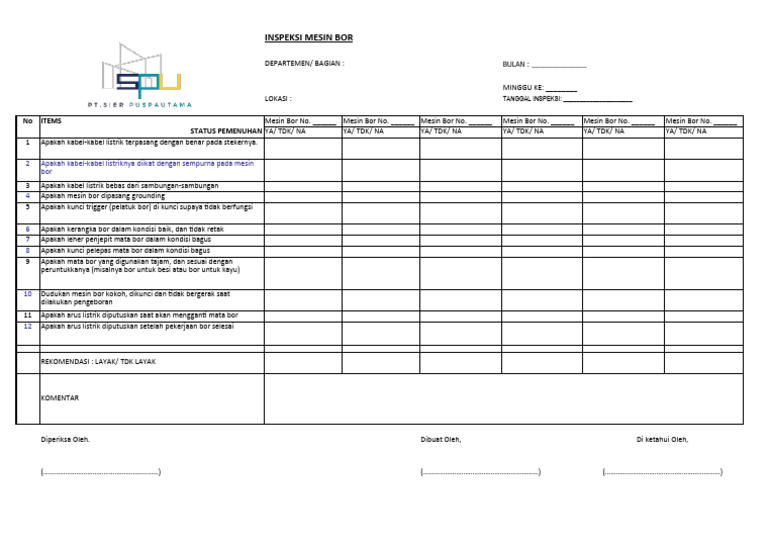 Form Inspeksi Mesin Bor | PDF
