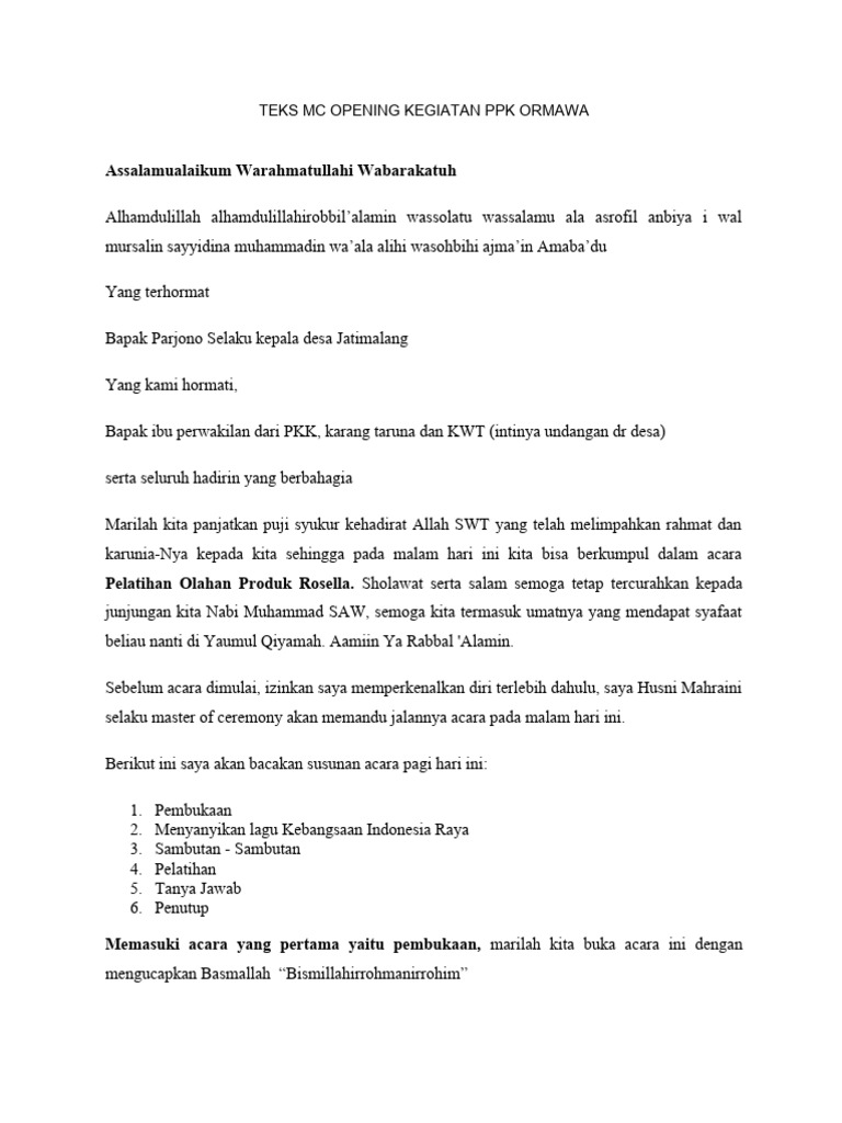 Teks MC Pelatihan Olahan Produk Dari Rosella | PDF