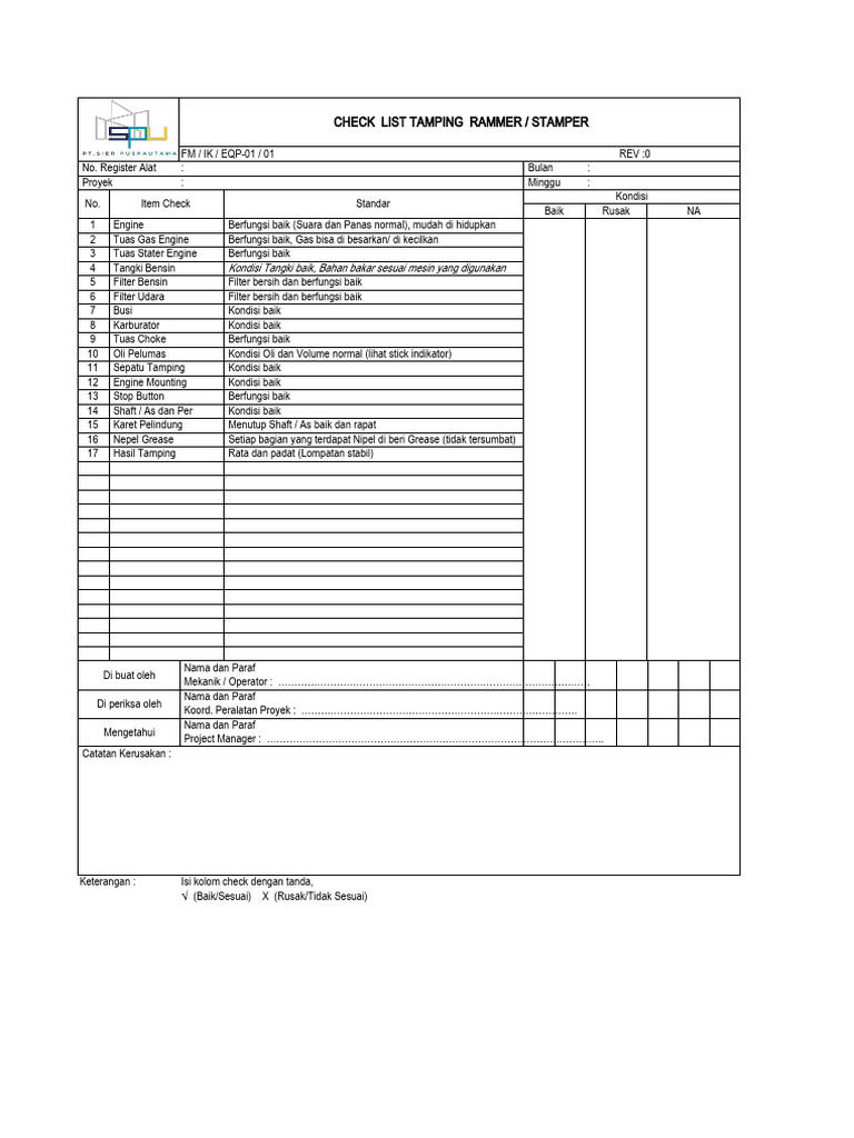 FM-IK-EQP-01-01 Checklist Tamping Rammer R0 | PDF