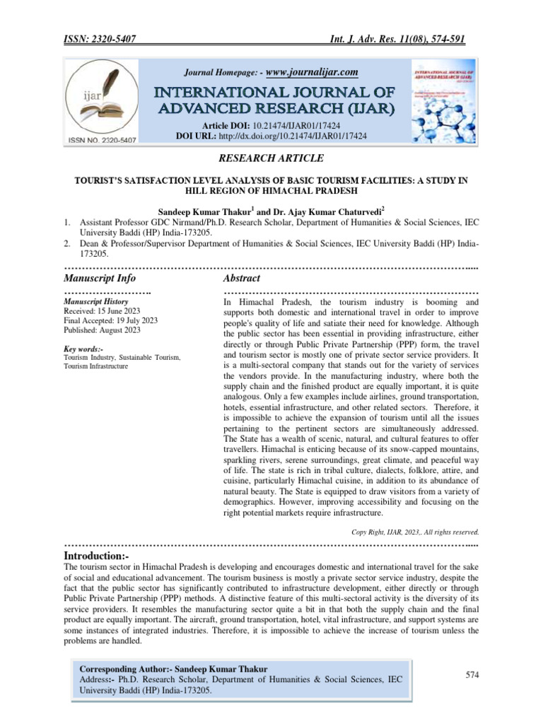 Tourists Satisfaction Level Analysis Of Basic Tourism Facilities A
