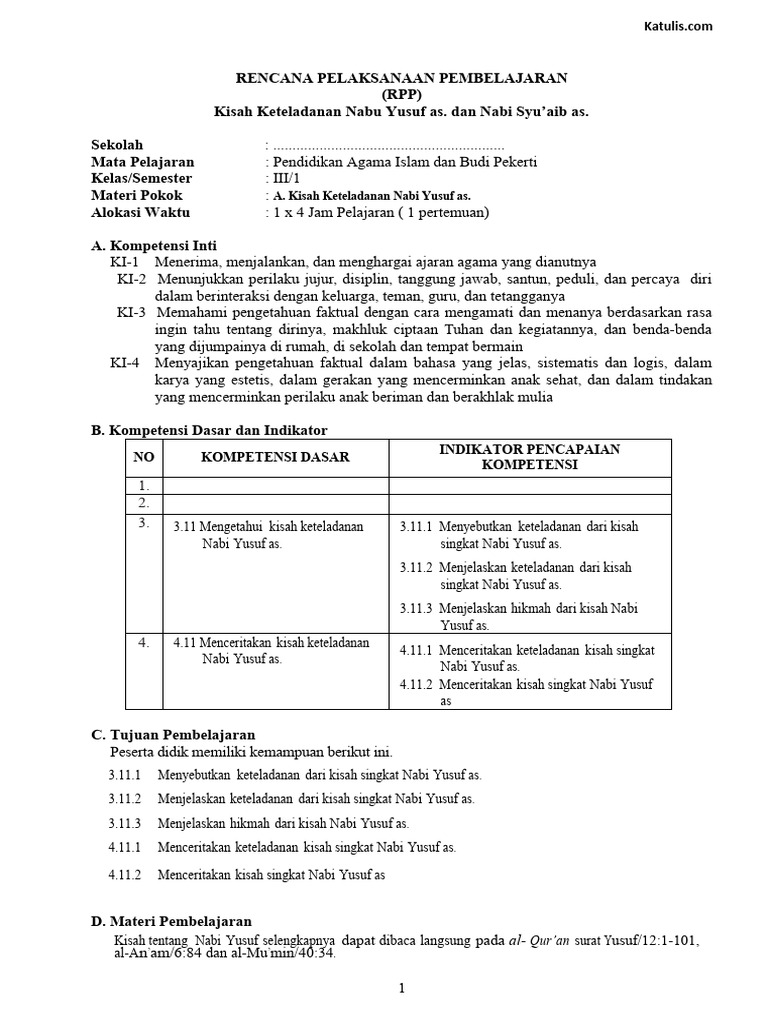 RPP PAI K13 Kelas 3 Revisi 2018 Kisah Keteladanan Nabi Yusuf As | PDF