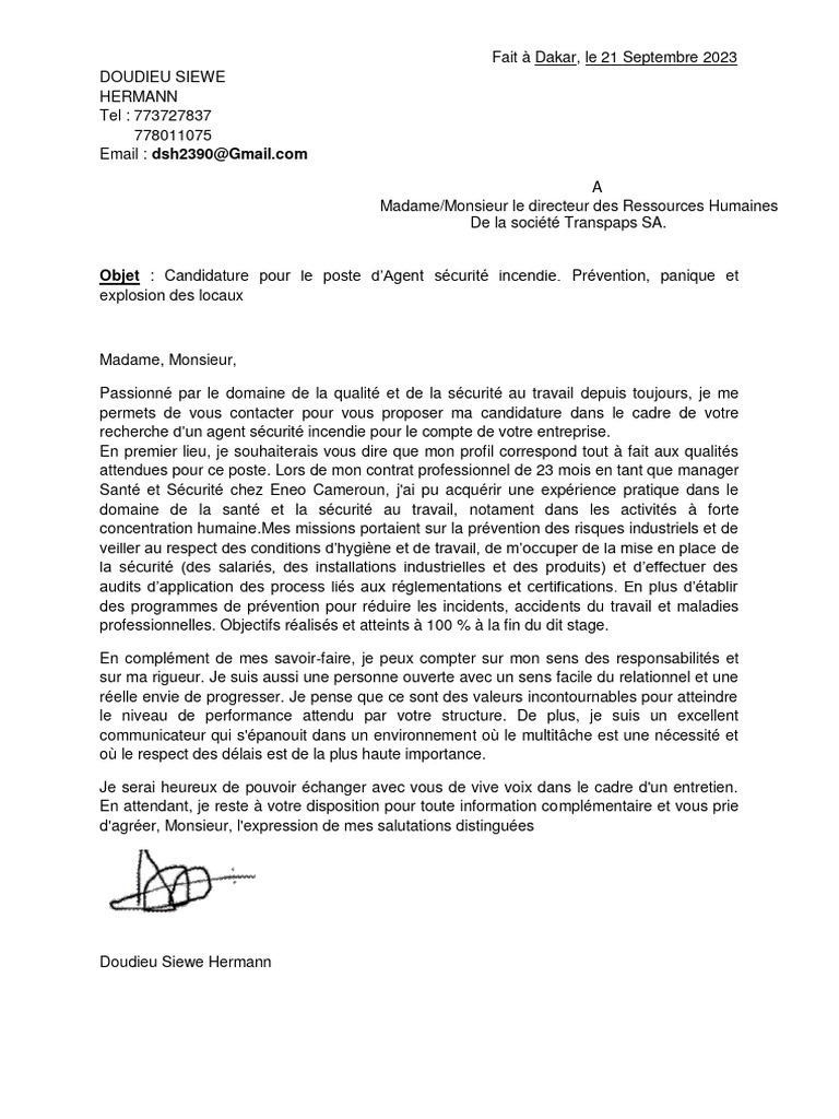 Lettre de Motivation Agent Sécurité Incendie | PDF Lettre de Motivation Agent Sécurité Incendie | PDF
