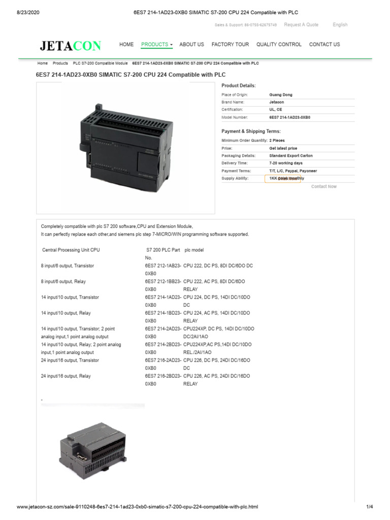 SIMATIC S7-200 CPU 224 Compatible With PLC | PDF