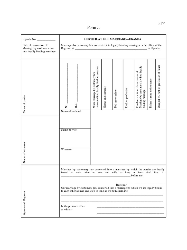 Certificate of Marriage Form J - Uganda | PDF