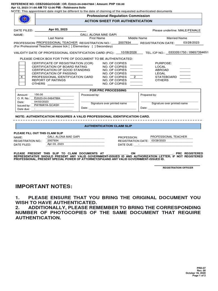 Important Notes:: Professional Regulation Commission Action Sheet For ...